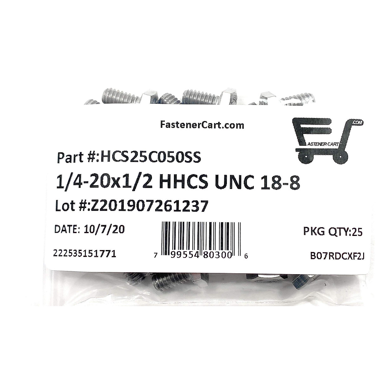 1/4-20x1/2 Stainless Steel Hex Cap Screws FT Hex Bolts 18-8 (UNC) COARSE Thread - (25 pcs)