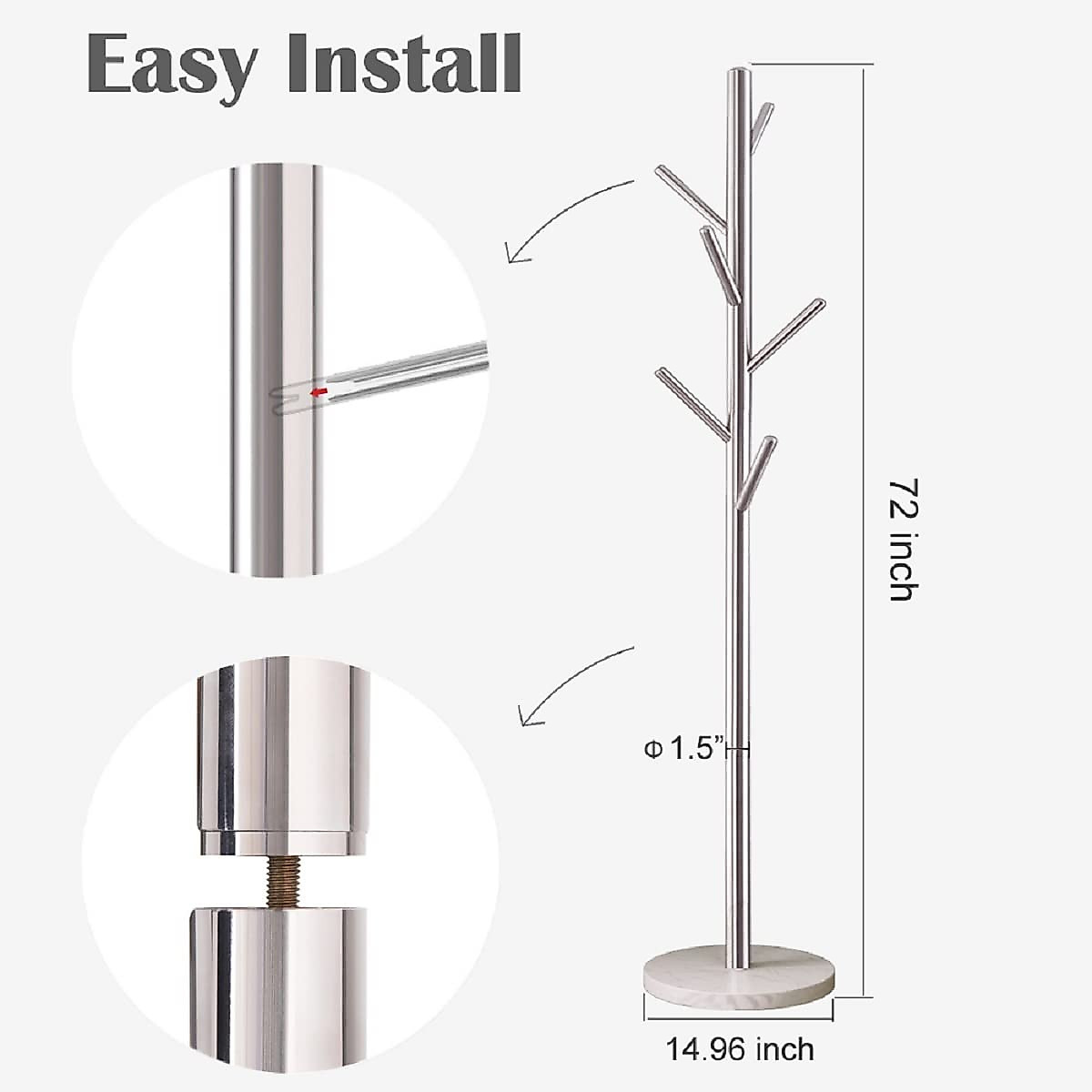 Jolitac Metal Coat Rack Stand Satin Steel Finish Stable Marble Base, High-Grade with Hooks Metal Tree Hat & Coat Hanger Floor Free Standing Wall Bedroom Easy Assembly (Satin Steel)