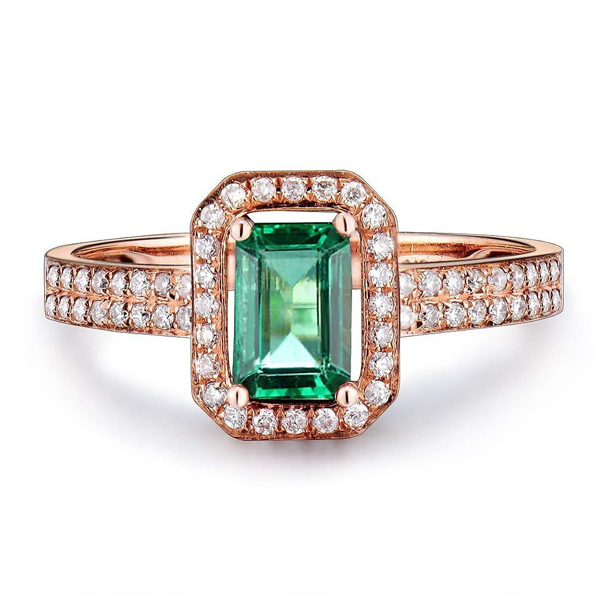 Lanmi Solid 14K Rose Gold Natural Green Emerald Ring Diamonds Engagement Wedding Rings for Ladies Women