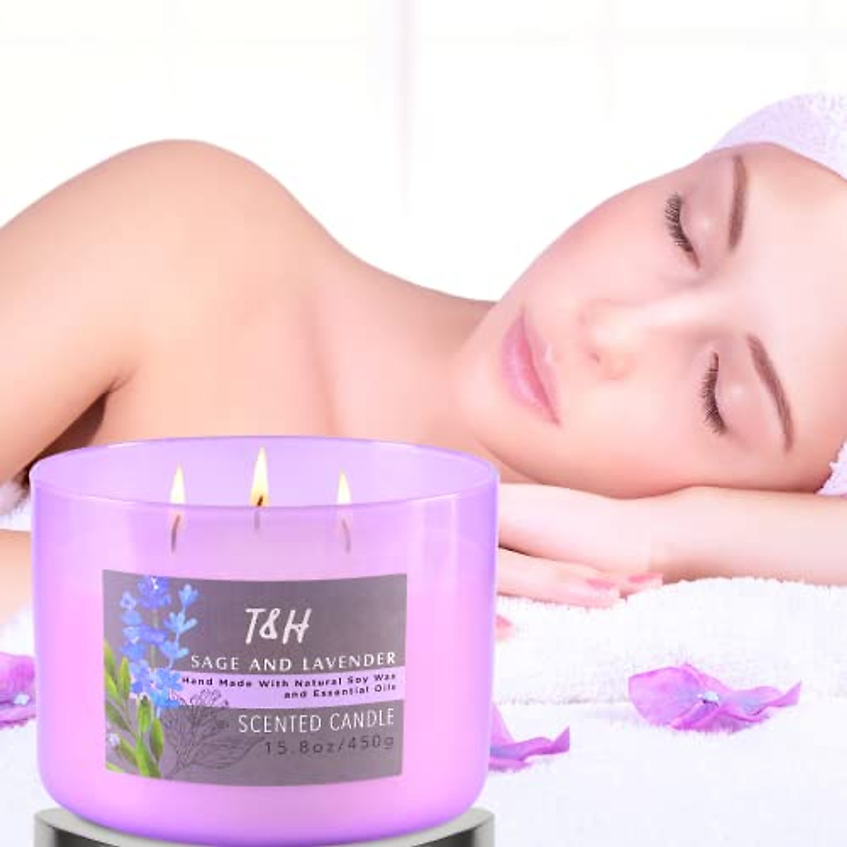 Sage Lavender Scented Candle 3 Wick | Aromatherapy Relaxing & Energy Cleansing Candle with Cedarwood, Clove & Eucalyptus 15.8 oz | Sage Candles for Cleansing House | Large Natural Soy Candles for Home