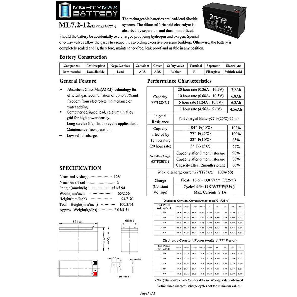 Mighty Max Battery 12V 7Ah SLA Battery Replacement for BB BP7.2-12