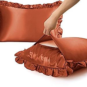 SiinvdaBZX Ruffled Queen Satin Pillowcase Set of 2, Burnt Orange Silky Satin Pillow Cases for Women Ruffle Pillow Shams Covers Princess Room Decoration, with Envelope Closure