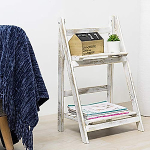 MyGift 2 Tier Rustic Whitewashed Solid Wood Freestanding Foldable Indoor Plant Stand, Decorative Wooden Display Shelf