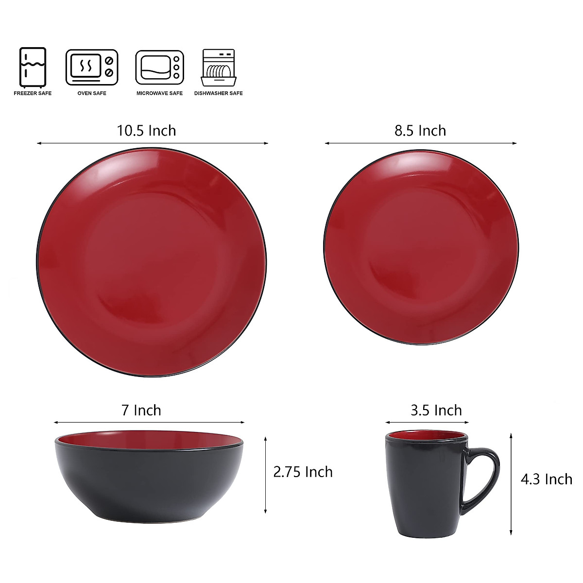 Bestone 16 Piece Round Kitchen Dinnerware Set,Plates and Bowls sets,Dishes, Dinner Plates, Cereal Bowls Set，Bowls, Mugs, Dish Set，Plates and Bowls,Service for 4, Stoneware Dinnerware,Red and Black