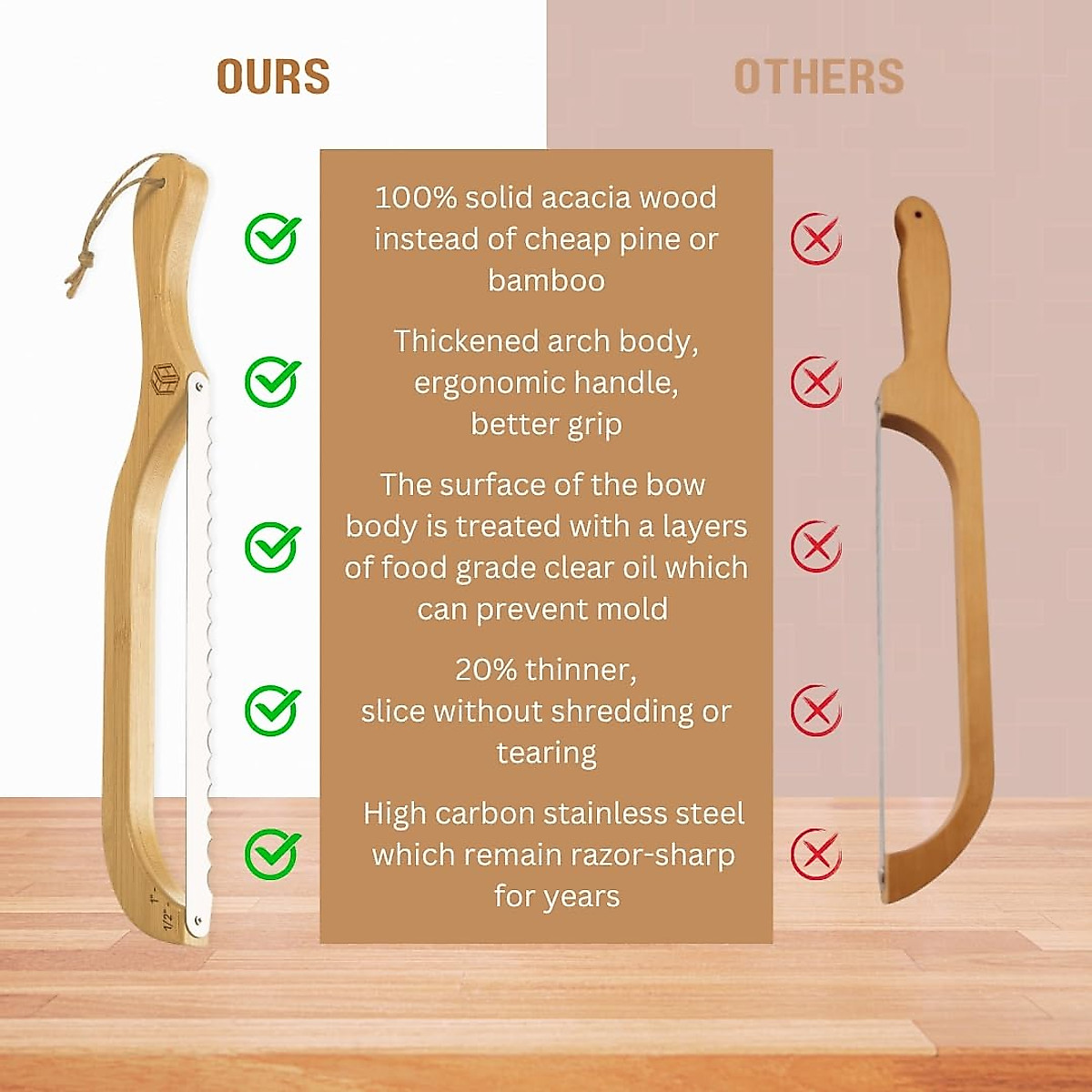 HSQUARE Wooden Bread Bow Knife 16" - Premium Stainless Steel, Fiddle Slicer for Sourdough, Homemade Bread and Bagel, Bread Recipe eBook, Bread Maker Saw Tool - Right Handed