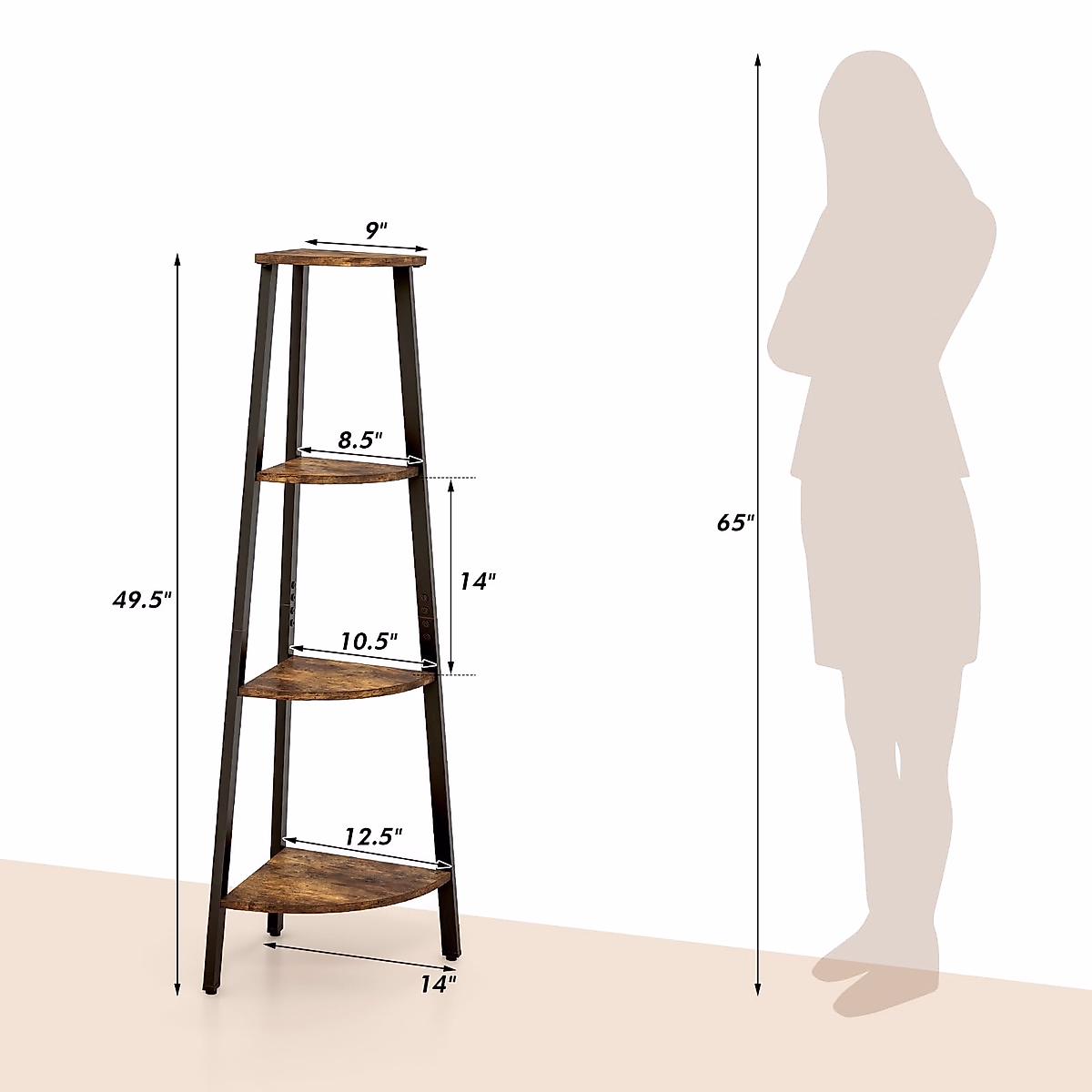GOFLAME 4-Tier Industrial Corner Shelf, Freestanding Corner Ladder Bookshelf with Anti-Tipping Kit, Multipurpose Display Rack, Plant Stand for Home Office, Living Room, Bedroom, Kitchen, Rustic Brown
