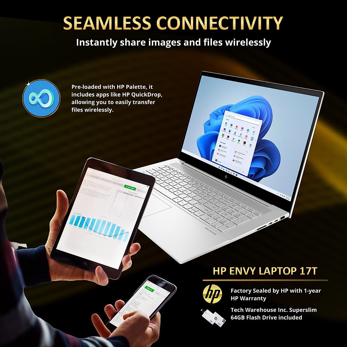 HP Envy 17T 2022 Laptop, i7-1260P 12th gen, 16GB RAM, 1 TB NVMe SSD, 17.3" FHD Touch, Thunderbolt 4, Win 11 PRO, WiFi 6E, B&O Audio, Intel Xe Graphics, Silver, 64GB Tech Warehouse Flashdrive
