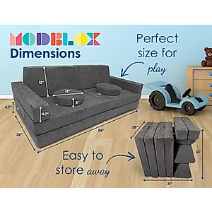 Mod Blox 10 Piece Soft Modular Kids Play Couch for Boys and Girls ｜ Child Sectional Fort Building Sofa for Toddlers Playroom with Microsuede Covers + High Density Convertible Foam Cushions (Dark Gray)