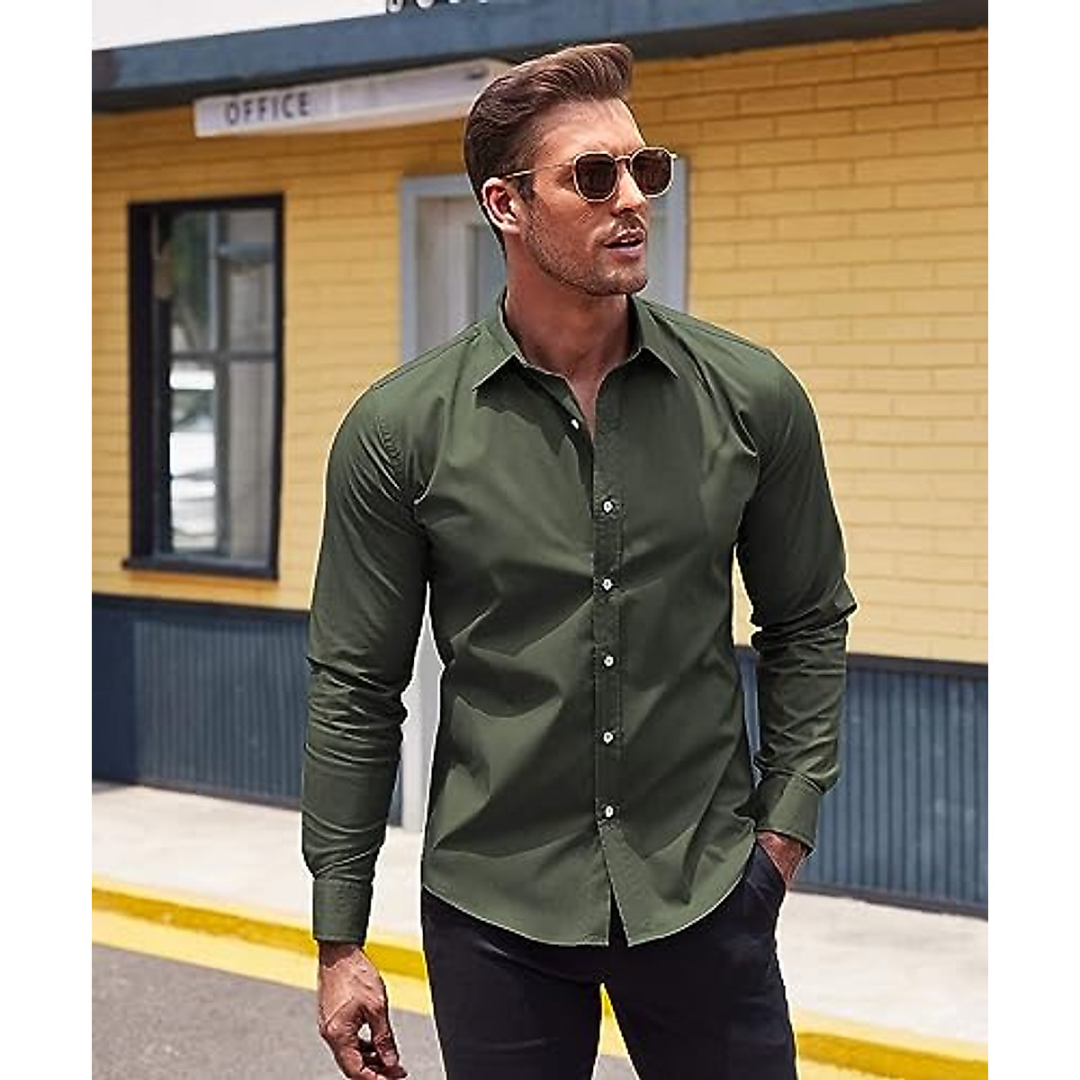 COOFANDY Men's Muscle Fit Dress Shirts Wrinkle-Free Long Sleeve Casual Button Down Shirt (01-Olive Green(Stretch Fabric), X-Large)