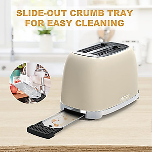 Toaster 2 Slice,1.5"Extra Wide Slots Toaster,Retro Stainless Steel with Bagel, Cancel, Defrost, Reheat Function and 6-Shade Settings, Removal Crumb Tray (Cream)