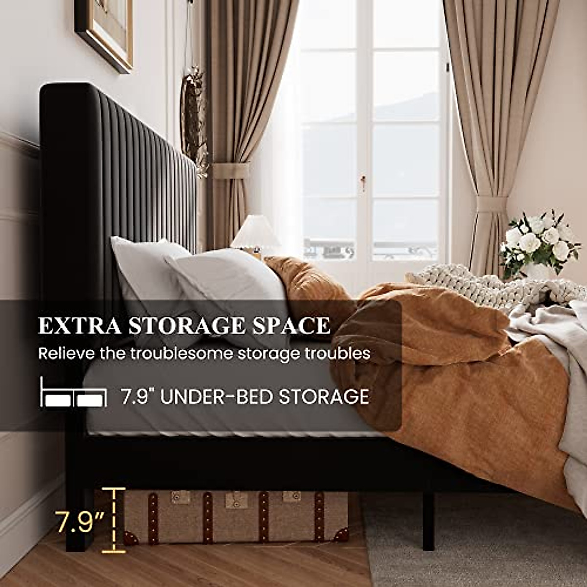 SHA CERLIN King Upholstered Platform Bed Frame with Adjustable Headboard/Vertical Channel Tufted Velvet Fabric/Wooden Slats Support/Mattress Foundation/Box Spring Optional/Black