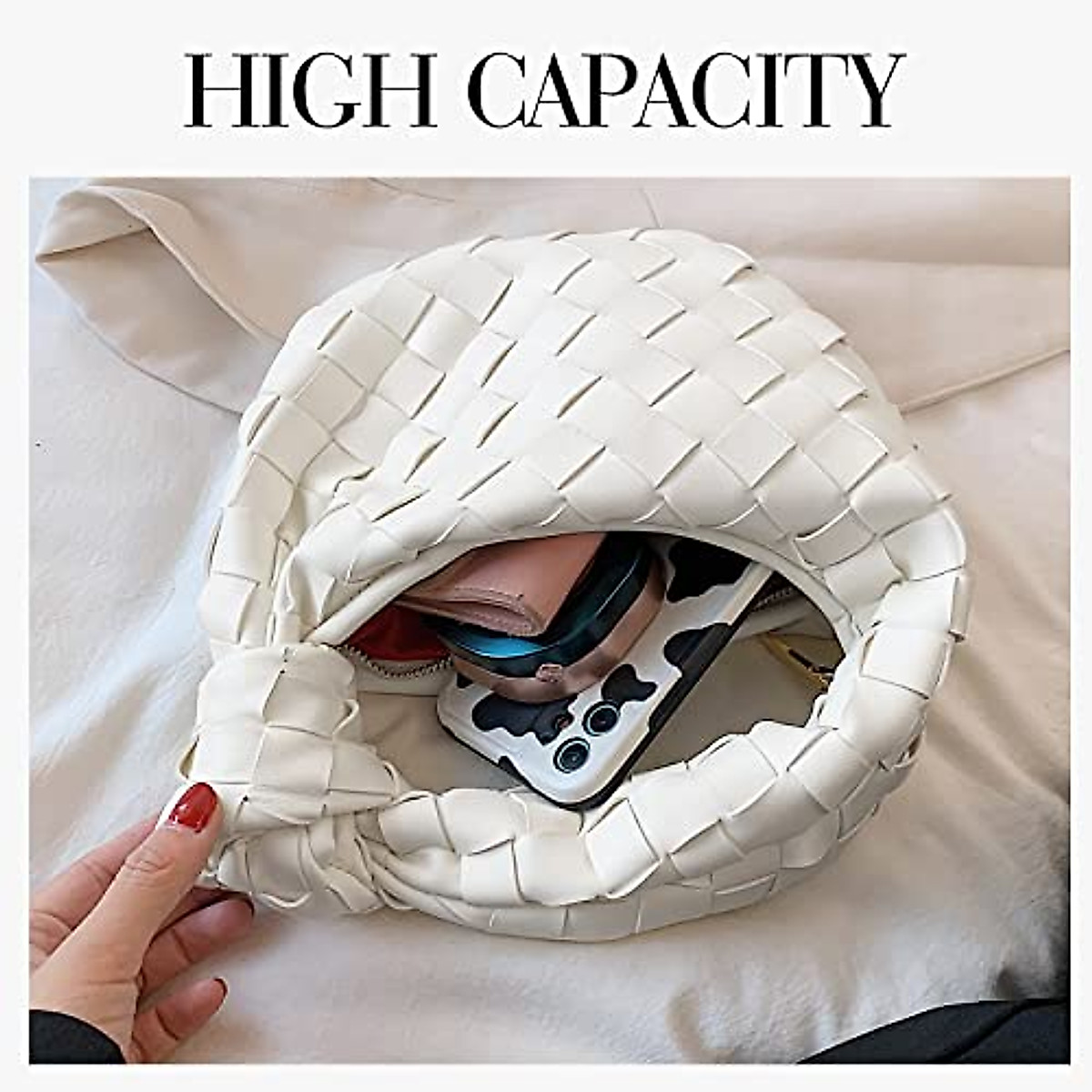 Women's Hobo Handbags Purse Soft PU Leather Women's Shoulder Handbags Woven Handbag Mini Knotted Woven Hobo Bag (White)