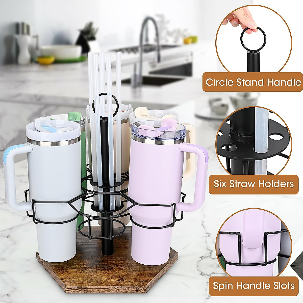 Stanley Cup Holder for Tumbler With Handle, 360° Rotating Stanley Cup Organizer Water Bottle Storage 20/30/40oz Kitchen, Hexagonal Spinning Tumblers Organizer Countertop Cabinet 6 Slots Mugs Turn Rack