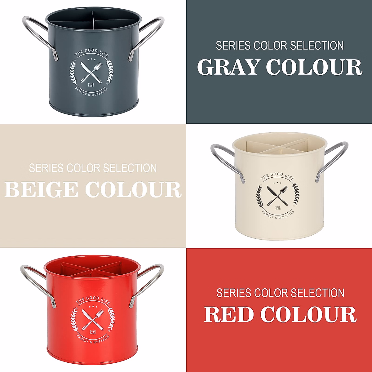 sugarchef Kitchen Utensil Holder Flatware Organizer for Forks Spoons Knives Cooking Tools,4 Compartment Cutlery Caddy Storage Bucket with Drain Hole (Gray)