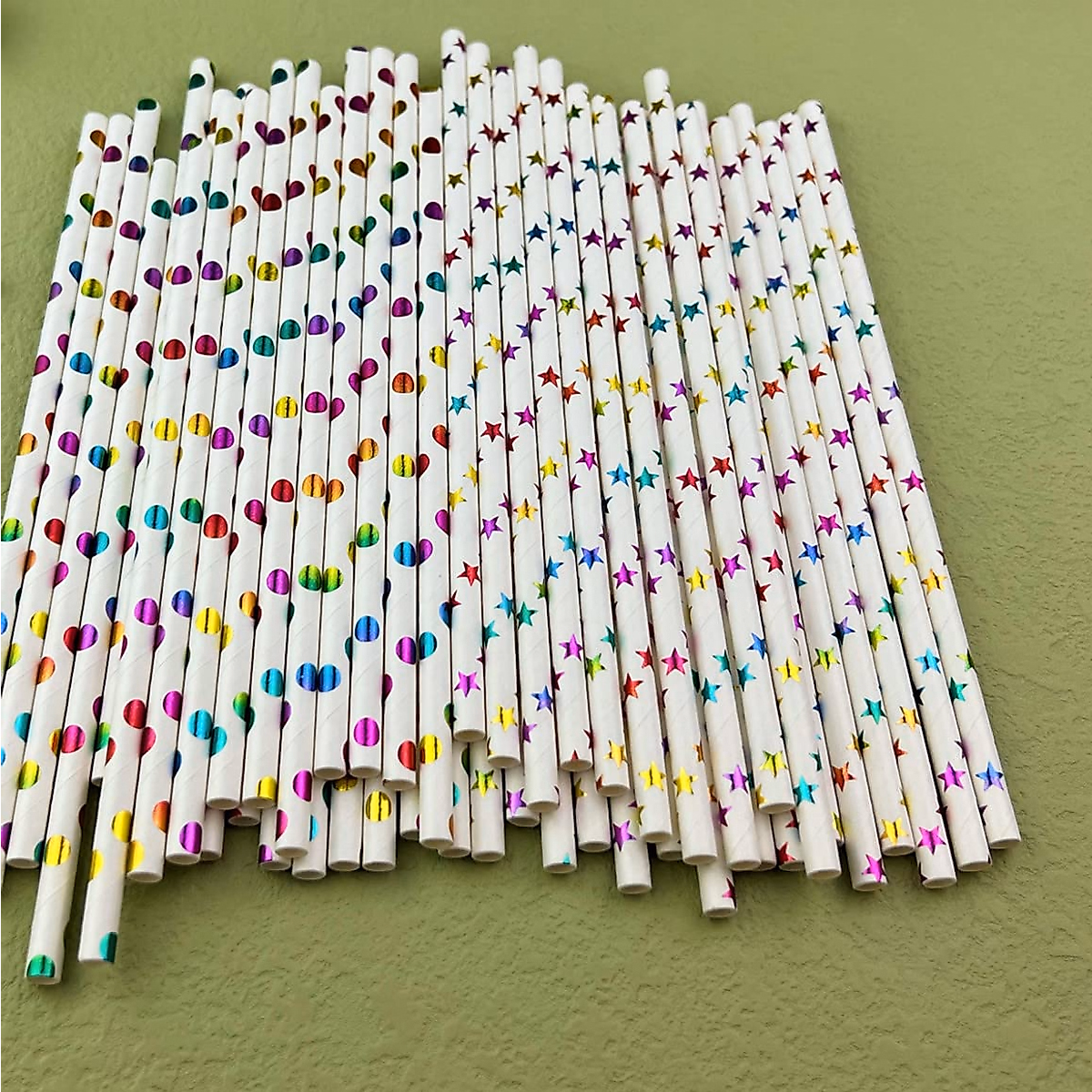 100 pcs Rainbow Foil Polka Dot and Star Paper Straws, Colorful Metallic Shiny Blue Green Gold Red Pink Party Drinking Straws Bulk, Kids Wedding Holiday Birthday Cake Pop Sticks (Mixed 2 Styles)