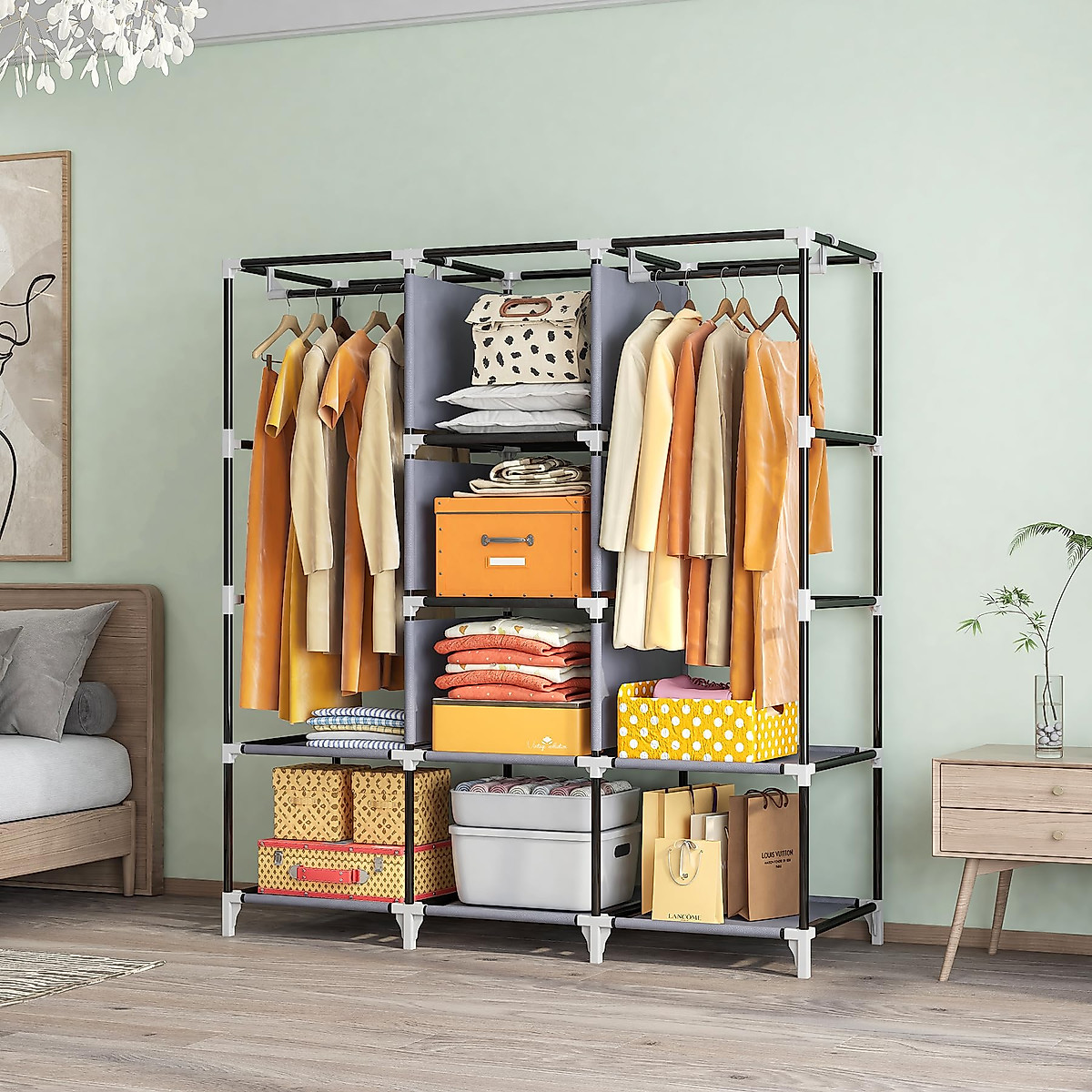 ZVZHM Portable Closet, 53 Inch Wardrobe Closet for Hanging Clothes with 2 Hanging Rods, 8 Storage Organizer Shelves, Non-Woven Fabric, Quick and Easy to Assembly, Grey