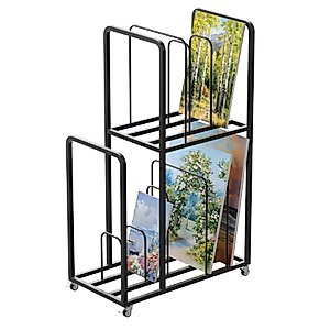 lukar Metal Art Storage Rack with Caster Wheels, 2 Tier Art Canvas Storage Rack, Large Artwork Storage Stand Canvas Organizer Art Drying Rack for Painting, Canvas, Artwork, Panels, Galleries