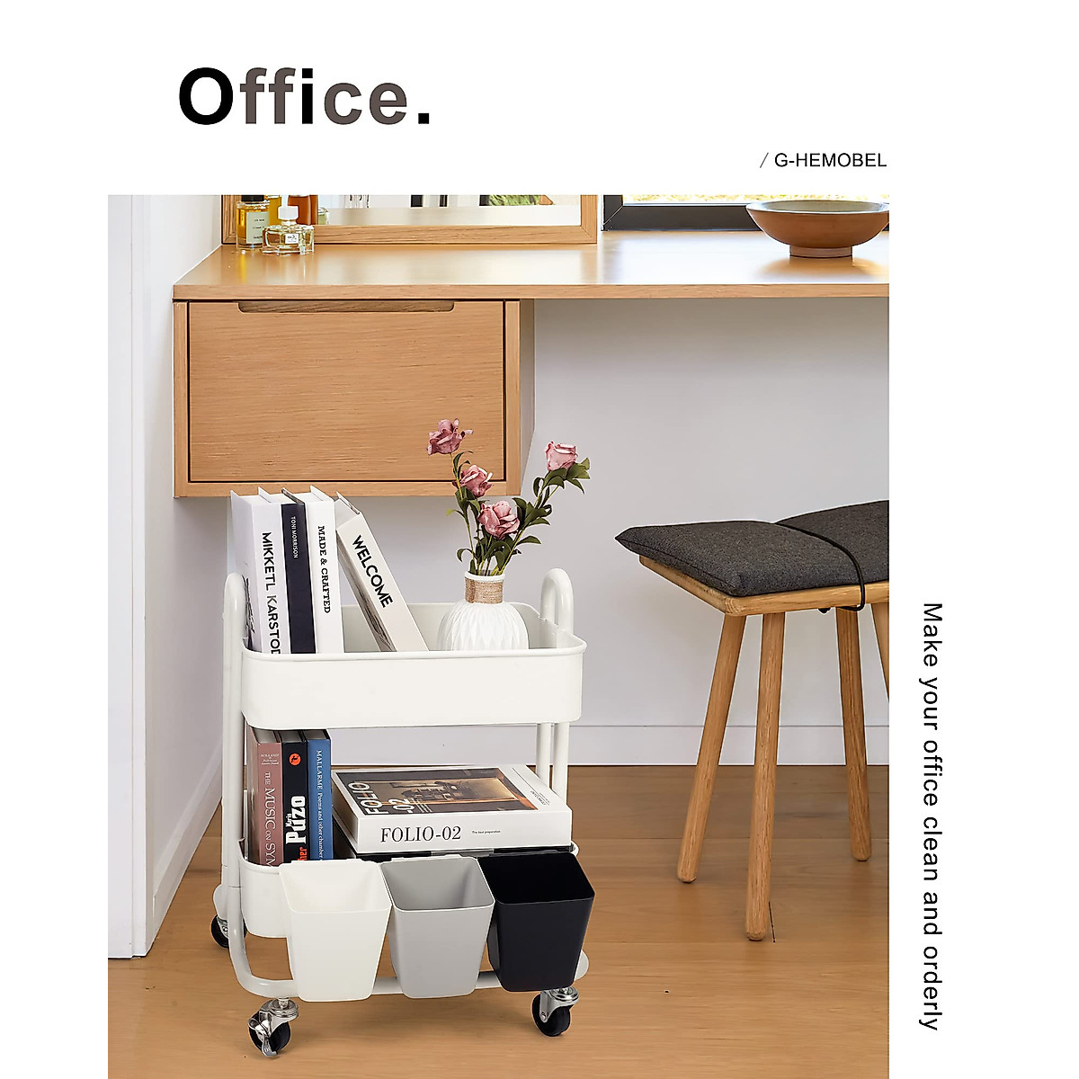 2-Tier Rolling Cart with Wheels, G-Hemobel Metal Utility Cart with 3 Hanging Cups and 2 Lockable Wheels, Organizer Cart with Multi-Functional Storage, White