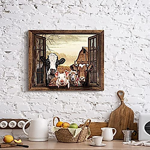 familypers Cow Wall Art Friends in The Window Landscape Cattle Prints Rustic Funny Animals Wall Decor Paintings Retro Home Decoration for Living Room Country Farmhouse 16x24 Inch