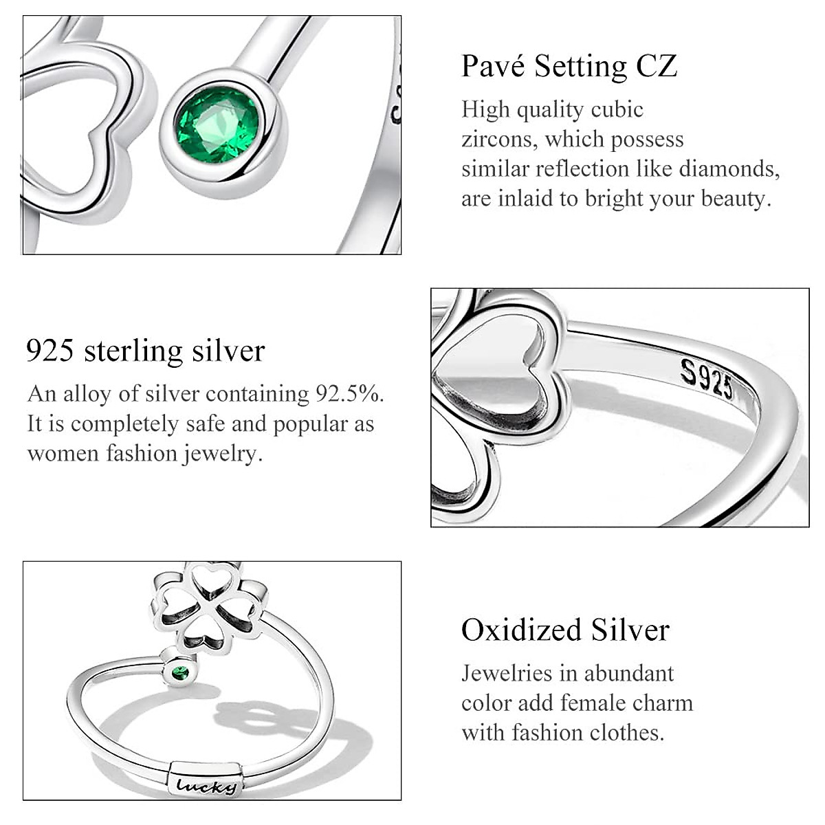 MUNDELL 925 Sterling Silver Simple Four Leaf Clover Adjustable Ring Green Zircon Lucky Statement Rings for Women Stacking Rings Fashion Jewelry