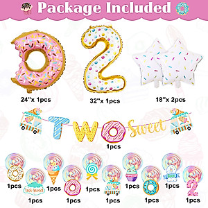 Amandir 145Pcs Two Sweet Birthday Decorations, Donut Birthday Party Supplies for Girls Two Sweet Banner Donut Balloon Garland Kit Cake Topper Swirls for Ice Cream Baby Second 2nd Birthday Party Decor