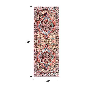 Livabliss Reeta Printed Medallion Runner Area Rug,2'6" x 7'6",Bright Red/Wheat