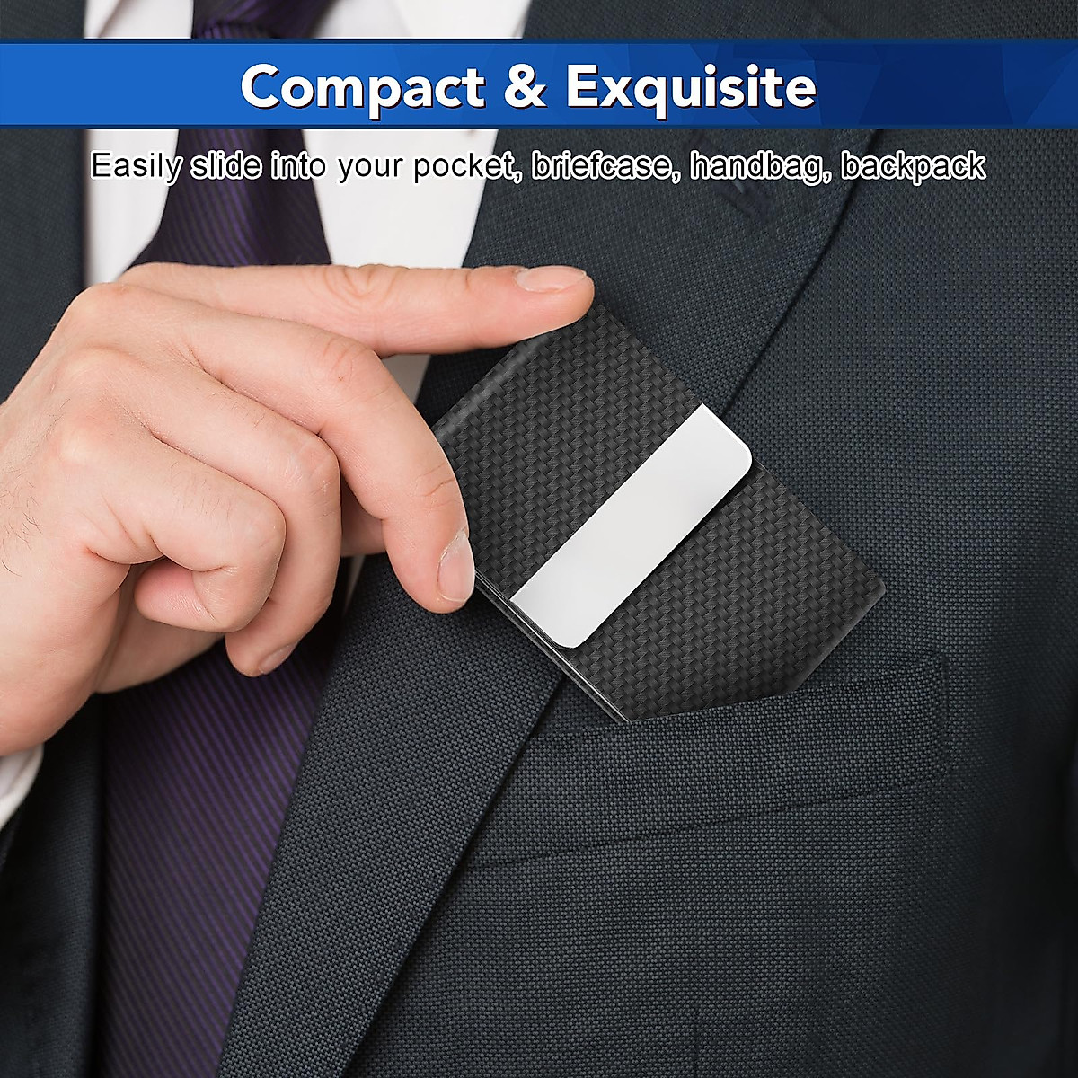 Business Card Holder, Metal Business Card Case Pocket, Card Holder for Women & Men, Professional PU Leather Business Card Holders RFID Blocking Name Card Holder Case with Magnetic Clasp, Black Carbon