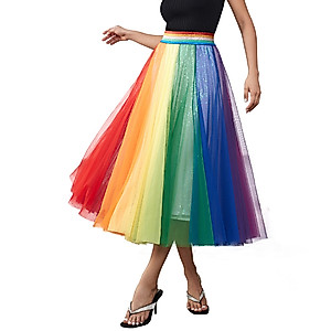 Dwirapal Sequin Long Tulle Skirt 4 Layered Flowy Fairy Sparkle Party Mesh Tea Length Big Hem Skirts for Women