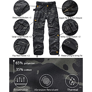 GSGGIG Men's Fleece Lined Camo Hiking Tactical Ripstop Pants Winter Outdoor Work Cargo Pants with 8Pockets No Belt JR55 Black CP CAMO 32