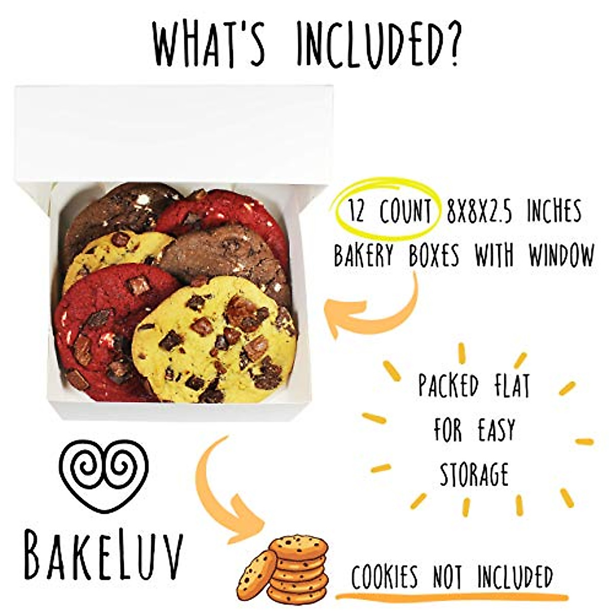 BAKELUV 8x8x2.5” White Bakery Boxes With Window | 12 Pack | Pastry Boxes with Window, Boxes for Strawberries, Dessert Boxes, Bakery Take Out Containers, 8x8 Bakery Boxes 8x8 Pastry Boxes