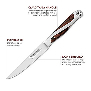 Hammer Stahl 4 Piece Steak Knife Set, 5-Inch - Non Serrated High Carbon German Steel - Ergonomic Quad-Tang Pakkawood Handle - Professional Balanced Cutlery