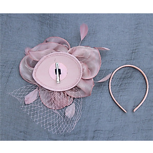 SAFERIN Fascinator for Women Hair Clip Hat Bowler Feather Flower Veil Wedding Party Hat Tea Hat（TA2-Pink）