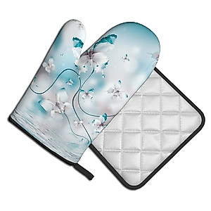 Butterfly Oven Mitts and Pot Holders Sets, Teal Oven Gloves Hot Pads Kitchen Heat Resistant Potholders for Cooking Baking Grilling BBQ