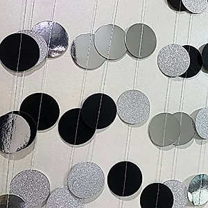 SaktopDeco 65.6 Feet Glitter Black Silver Circle Dot Paper Garland Black Birthday Wedding Bachelorette Party Backdrop Decorations