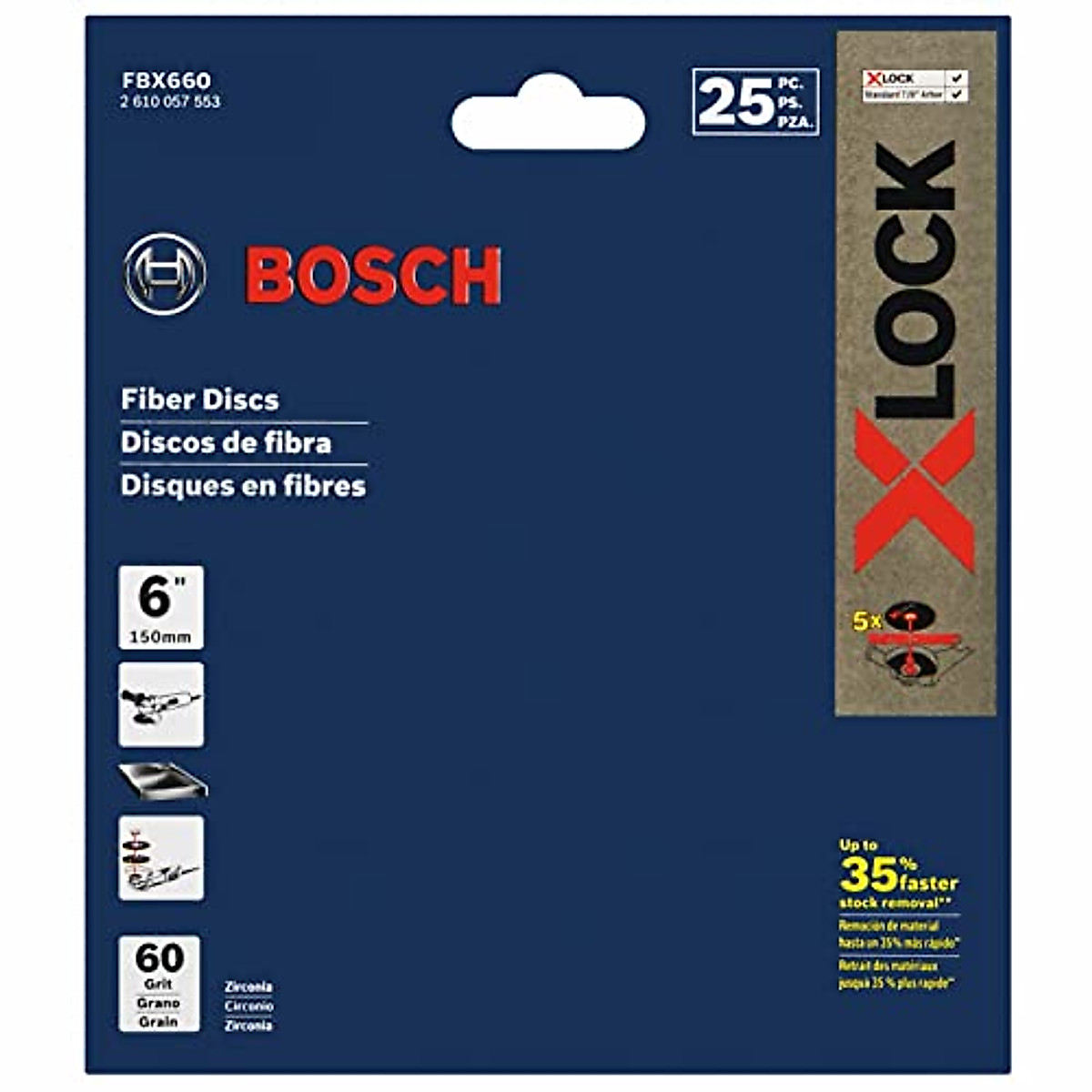 BOSCH FBX660 25-Pack 6 In. X-LOCK Medium Grit Abrasive Fiber Discs 60 Grit Compatible with 7/8 In. Arbor for Applications in Metal Surface Finishing, Weld Blending, Rust Removal