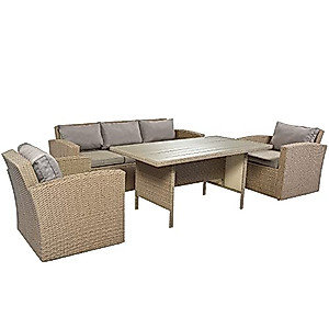 DHPM 4 Piece Patio PE Rattan Wicker C, Outdoor Sectional Conversation Furniture Chair Set Table, 3 Sofa with Cushions, 5 Seats for Garden, Poolside, Backyard, Gray