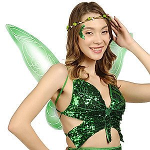 Funcredible Fairy Costume Accessories - Green Fairy Wings and Flower Crown, Glitter - Tooth Fairy Cosplay Outfit for Women and Girls