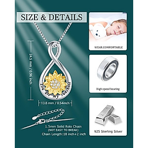 You are My Sunshine Necklace Sunflower Jewelry for Women - 925 Sterling Silver Infinity Spinner Sun Flower CZ Pendant Necklace Birthday Mother's Day Gifts for Couples Mother Daughter Chain 18"+2"