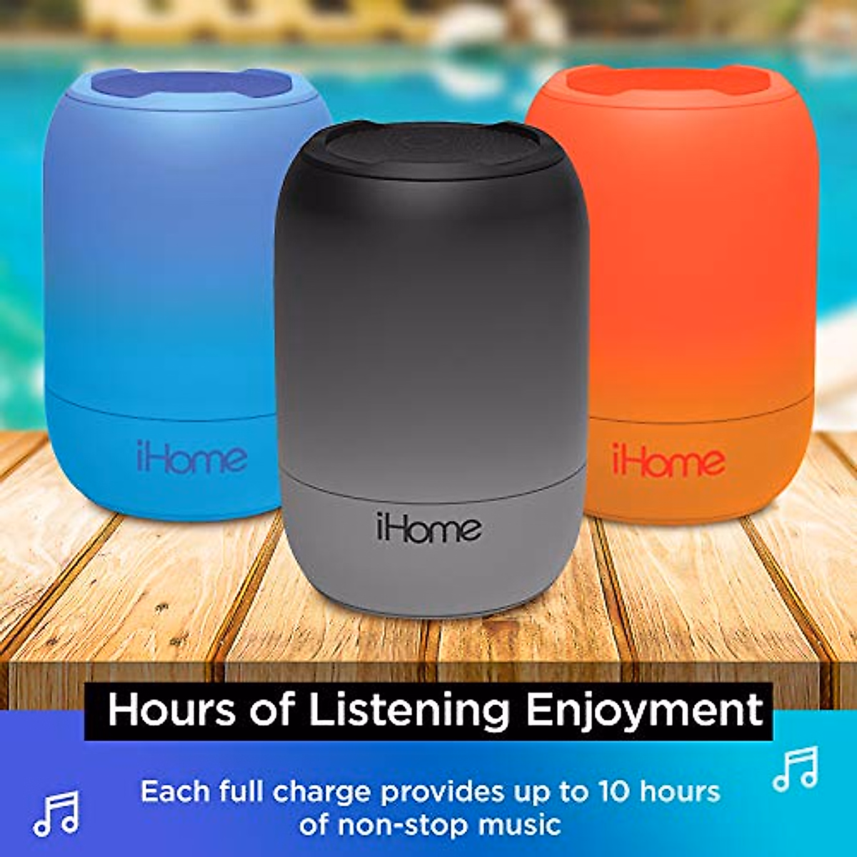 iHome PlayFade Portable Bluetooth Speaker - Water-Resistant Rechargeable Audio Device for Outdoor Events, Pool Party, Beach, Camping (Model iBT400B) Black