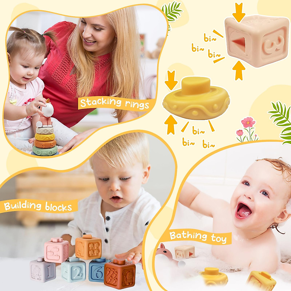 FEBALHS Montessori Baby Toys for 6+ Month Old, 4 in 1 Montessori Toys 6 to 12 months with Baby Stacking Toys, Baby Sensory Toys for 1 Year Old Boy Girl Infant Toddler Toys Gifts Birthday Gifts