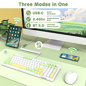 AJAZZ 99 Keys Wireless Mechanical Keyboard with Coiled Cable, Bluetooth5.0/2.4G/Wired Gaming Keyboard, RGB Hot Swappable Blue Switch Keyboard with Knob Control, PBT Keycaps,Gasket Mounted for PC/Mac
