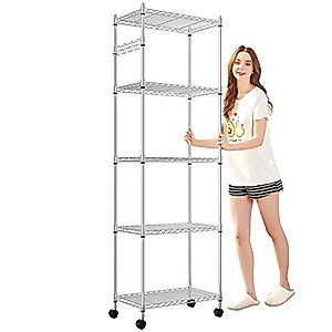 Devo 5-Tier Shelf Shelves for Storage, Wire Shelving Storage Racks, Heavy Duty Shelving, Adjustable Metal Shelf for Garage, Pantry, Kitchen, Side Hooks, Silver(14" D x 24" W x 71" H)