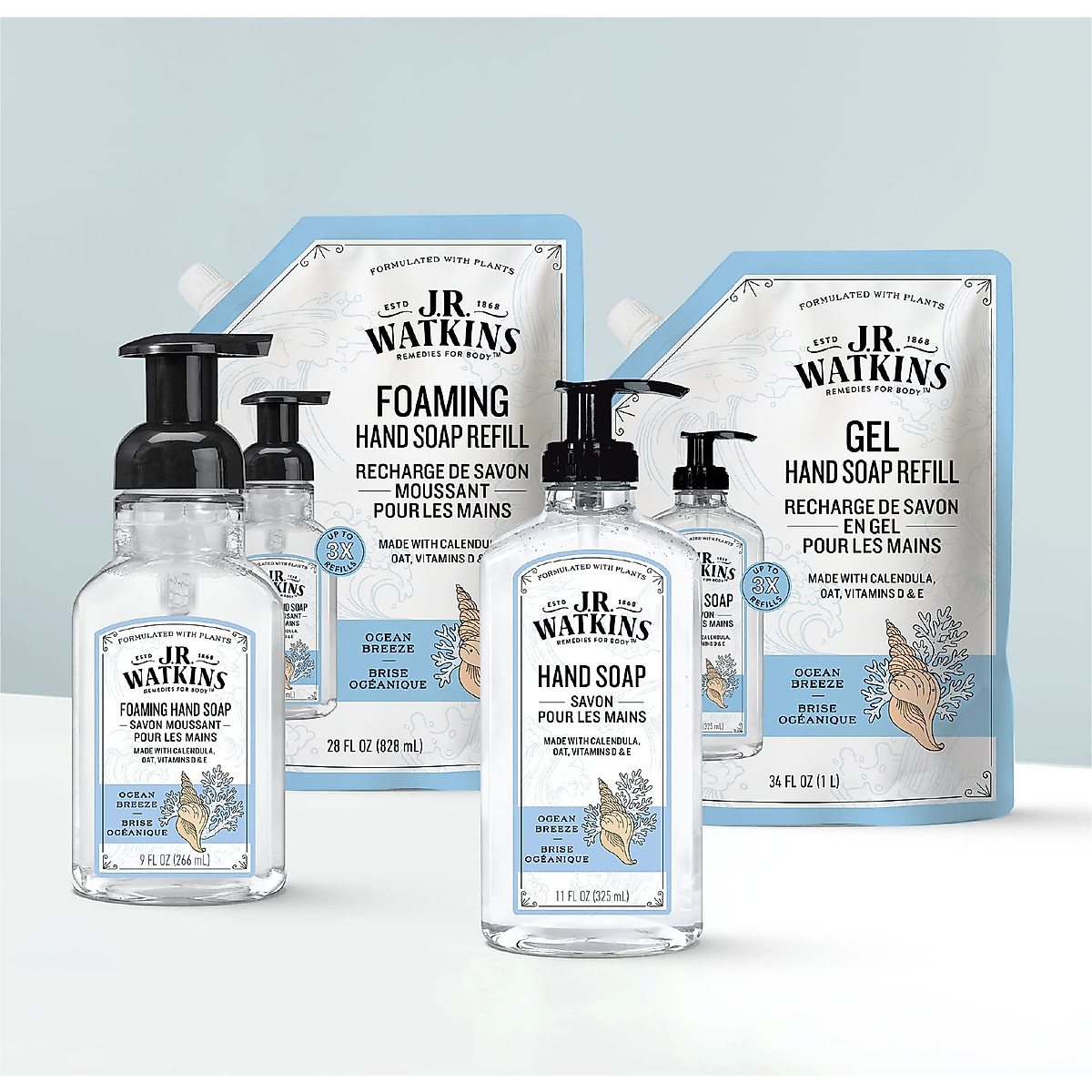 J.R. Watkins Gel Hand Soap Refill, Moisturizing Hand Wash, All Natural, Alcohol-Free, Cruelty-Free, USA Made, Ocean Breeze, 34 Fl Oz, 3 Pack