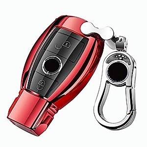 K LAKEY Car Key Fob Cover,Fit for C E S M CLS CLK G Class Key Fob,Smart Car Key Soft TPU Case Protector Key Fob with Alloy Keychain Silver (red, A)