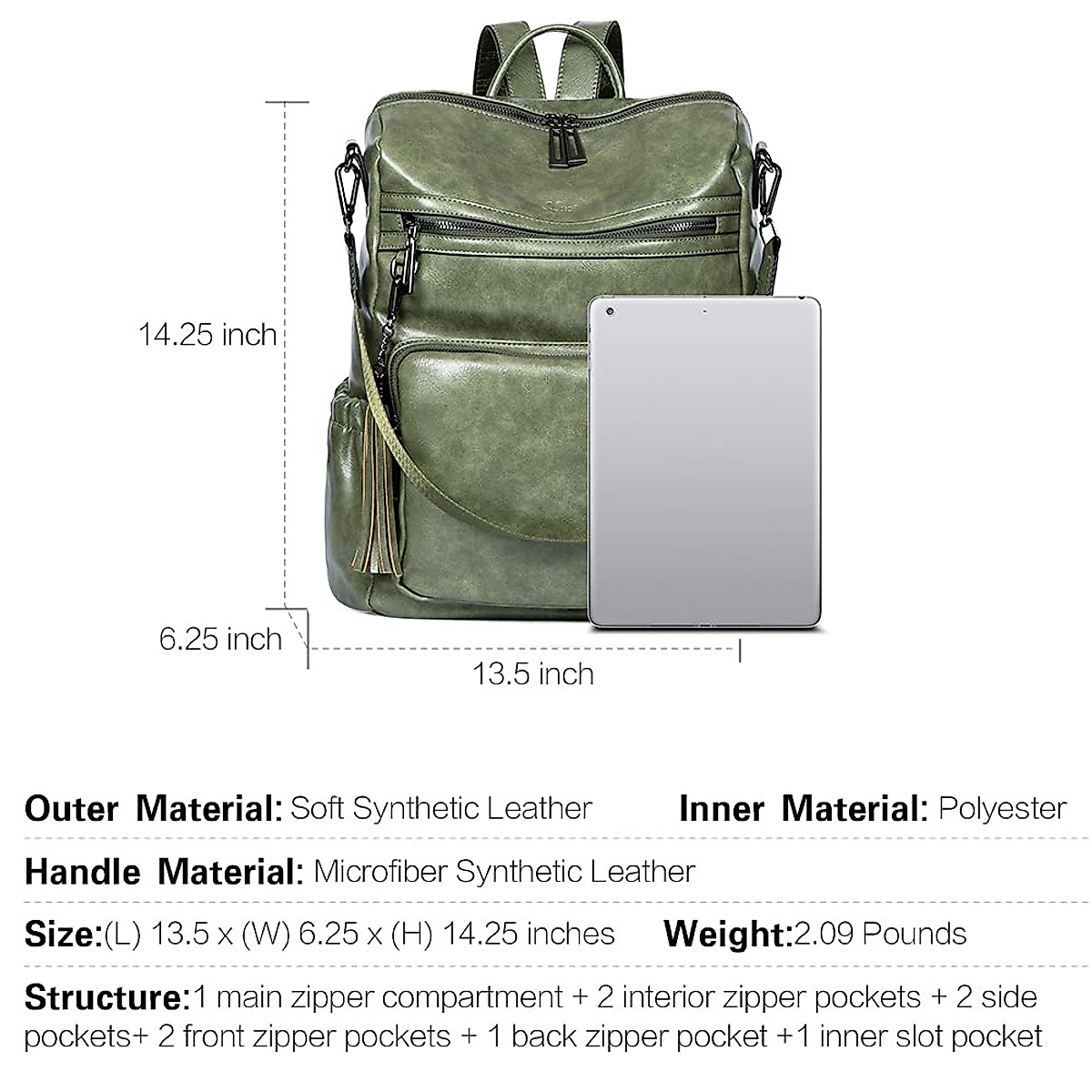 CLUCI Backpack Purse for Women Fashion Two Toned Leather Designer Travel Large Ladies Shoulder Bags with Tassel green