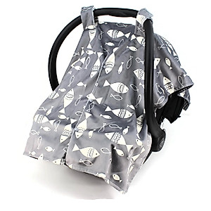 Dear Baby Gear Deluxe Reversible Car Seat Canopy, Custom Minky Print, Fish on Grey/Grey Tan Plaid