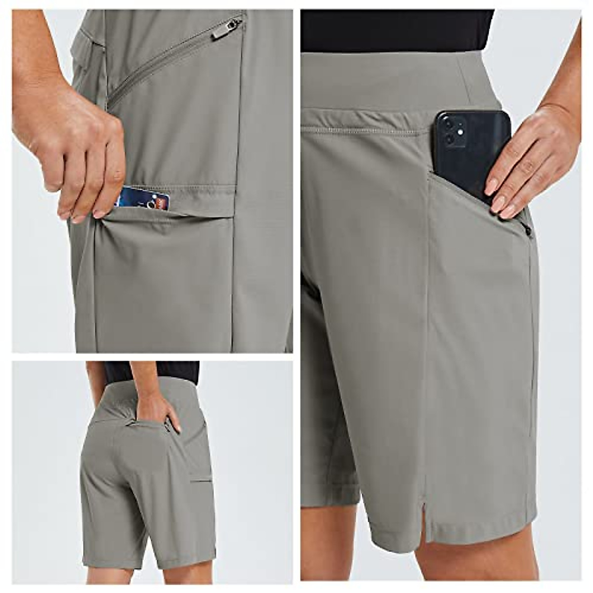 BALEAF Womens Quick Dry Hiking, Running Long Shorts 9" Bermuda Cargo for Curvy Lightweight Knee Length Shorts w Pockets, Medium, Grey