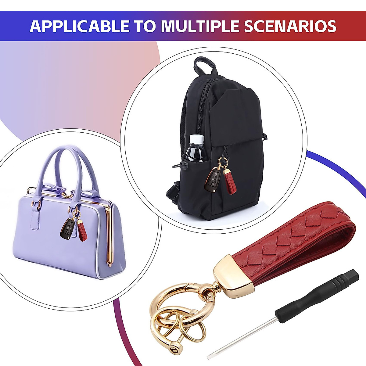 NTNEV Genuine Leather Car Keychain, Universal Car Key FOB Keychain, handmade knitted car key chain, 360 Degree Rotating with Anti-Lost D-Ring, 2 Key Rings and 1 Screwdriver, Unisex-Red