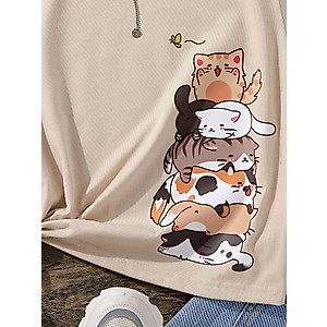 SOLY HUX Girl's T Shirts Short Sleeve Cute Graphic Tees Crewneck Cartoon Cat Print Summer Tops Apricot Graphic 9Y