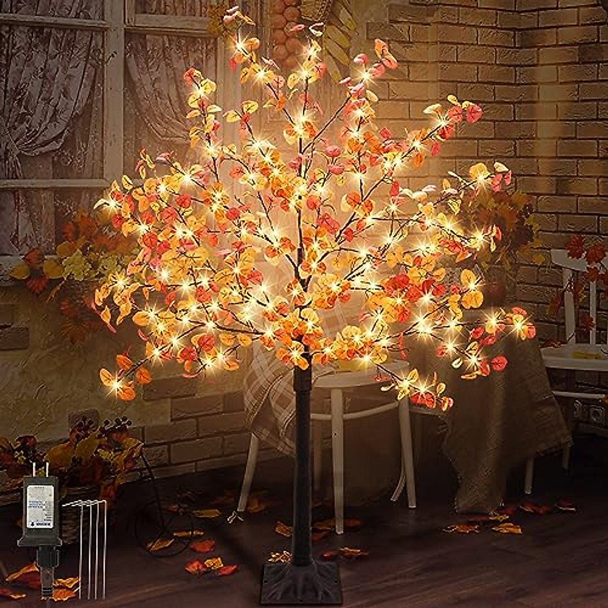 Agusbagli 4FT 140LED Lighted Fall Eucalyptus Tree Thanksgiving Fall Decorations with Timer & 8 Modes Artificial Fall Trees with Lights & 336 Leaves Fall Light Up Tree Harvest Indoor Outdoor Fall Decor